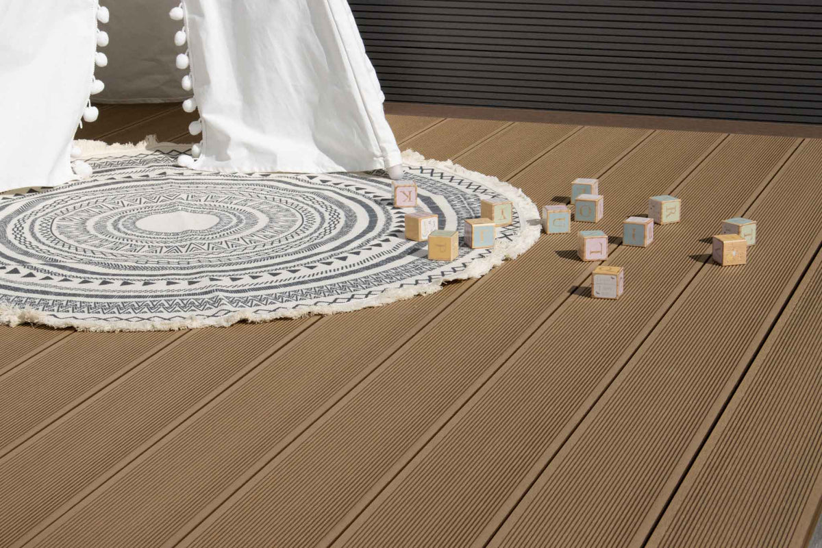 3.6m Light Brown Grooved Composite Decking Boards – O V Æ D A™