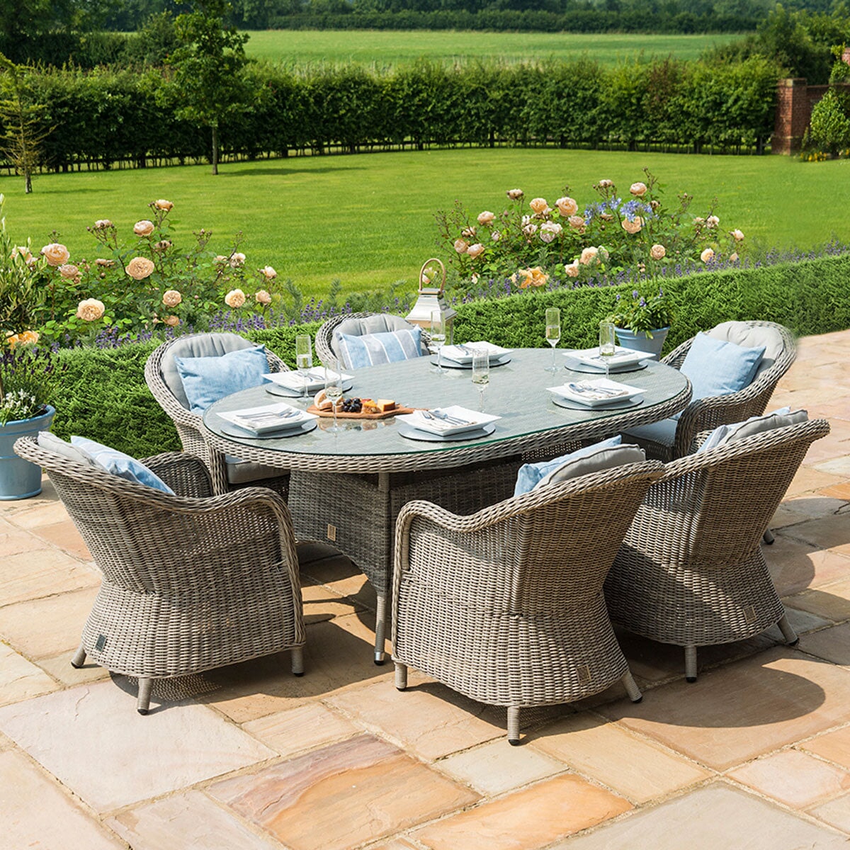 Oxford 6 Seat Oval Fire Pit Dining Set with Heritage Chairs | Light Gr